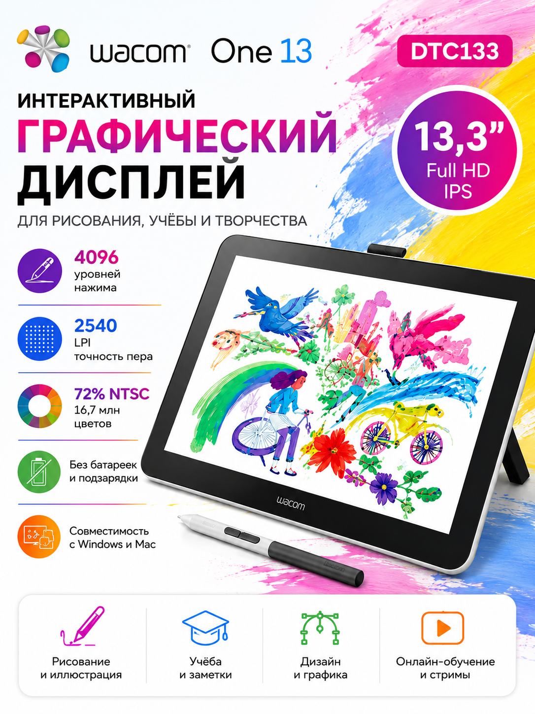 Графический Планшет дисплей WacomOne DTC13  LCD 13" для рисования на компьютере второй дисплей для ПК, формат A4, черный