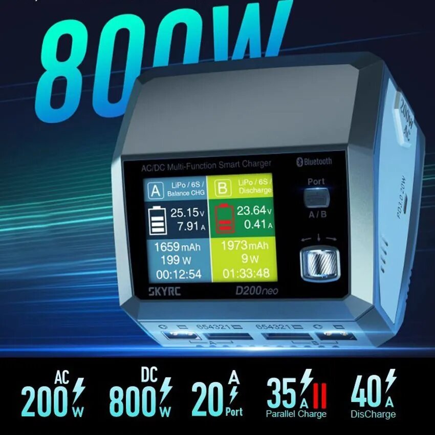 SKYRC D200neo, зарядное устройство 2025, AC 200W/DC 800W, умное балансирное зарядное/разрядное устройство для LiPo 1-6S, мультифункциональное