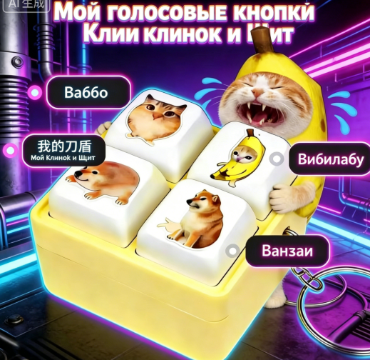 Клавишный брелок с мемными животными: котик, банановый кот и собачки