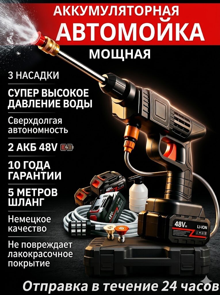 Мойка высокого давления аккумуляторная для автомобиля, Автомойка, в кейсе 2 аккумулятора, 3 насадки
