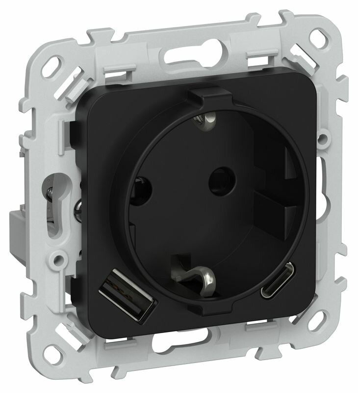 Розетка 1-м СП FLITE РСЮшс11-1-ФлЧ 16А с USB A+C 20Вт с заземл. с защ. шторками безвинтовое крепление механизм черн. IEK FI-R14-16-1-U22-020-K02