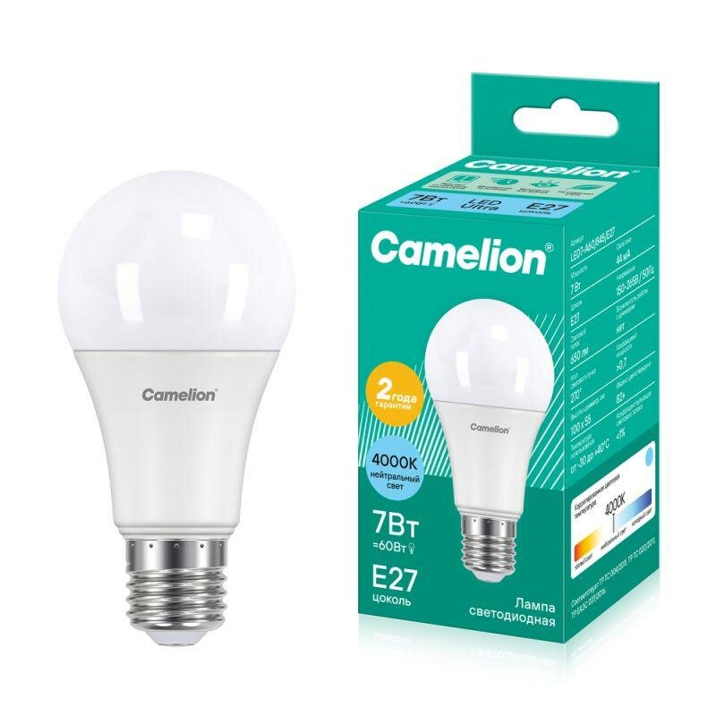 Лампа светодиодная LED7-A60/845/E27 7Вт грушевидная матовая 4500К бел. E27 590лм 170-265В Camelion 11254