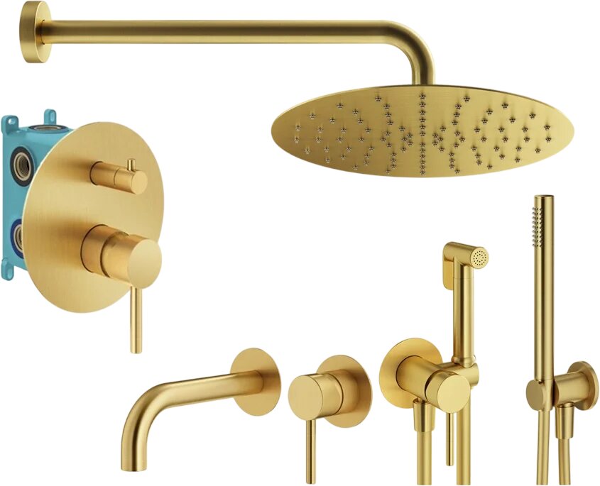 Комплект для ванной Plumberia Selection Ixo KITZXO18OB210 6 в 1, встраиваемый, с внутренней частью в комплекте, со смесителем, с тропическим душем, латунный, золотой, душевая система