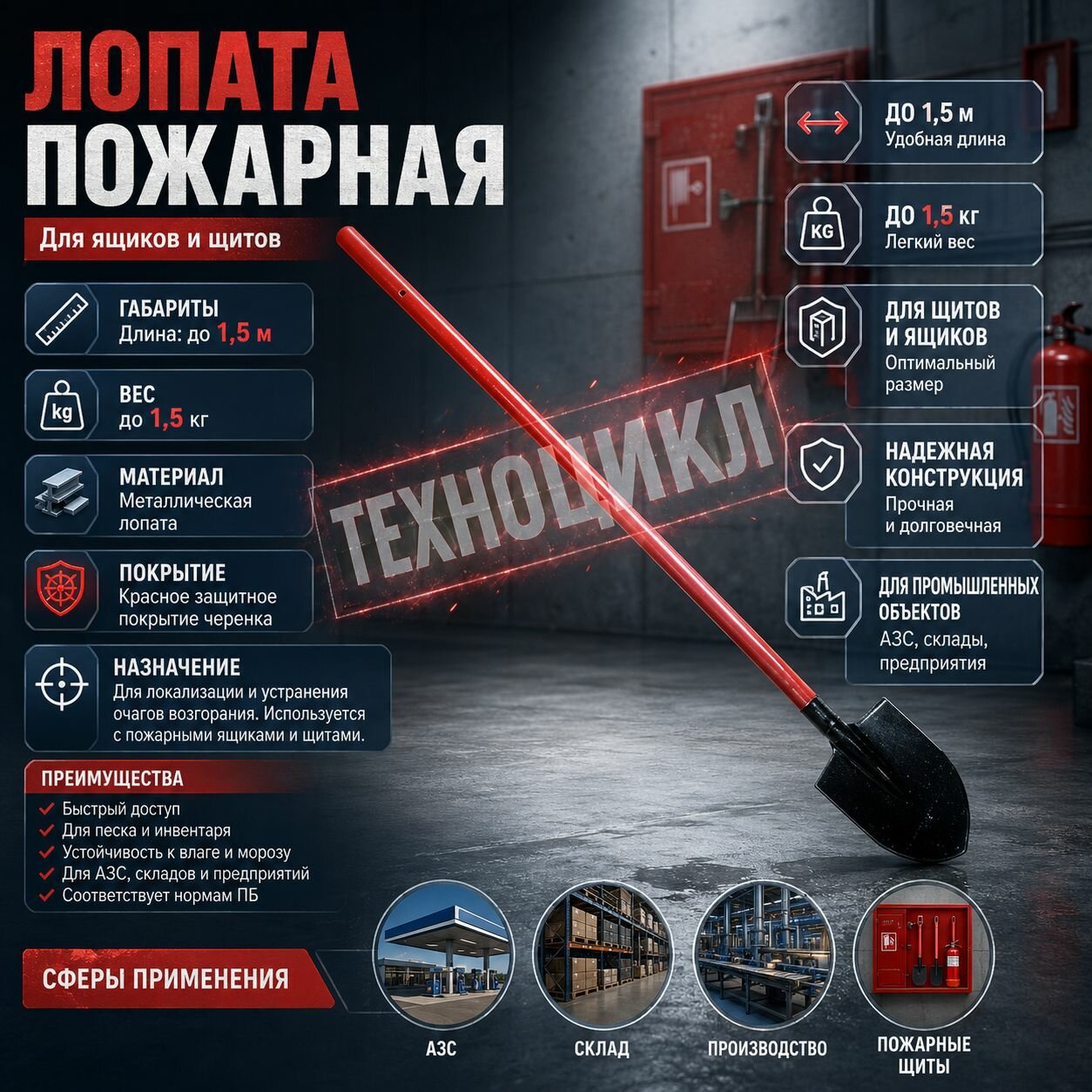 Лопата пожарная техноцикл 1400х230х80 мм, красный