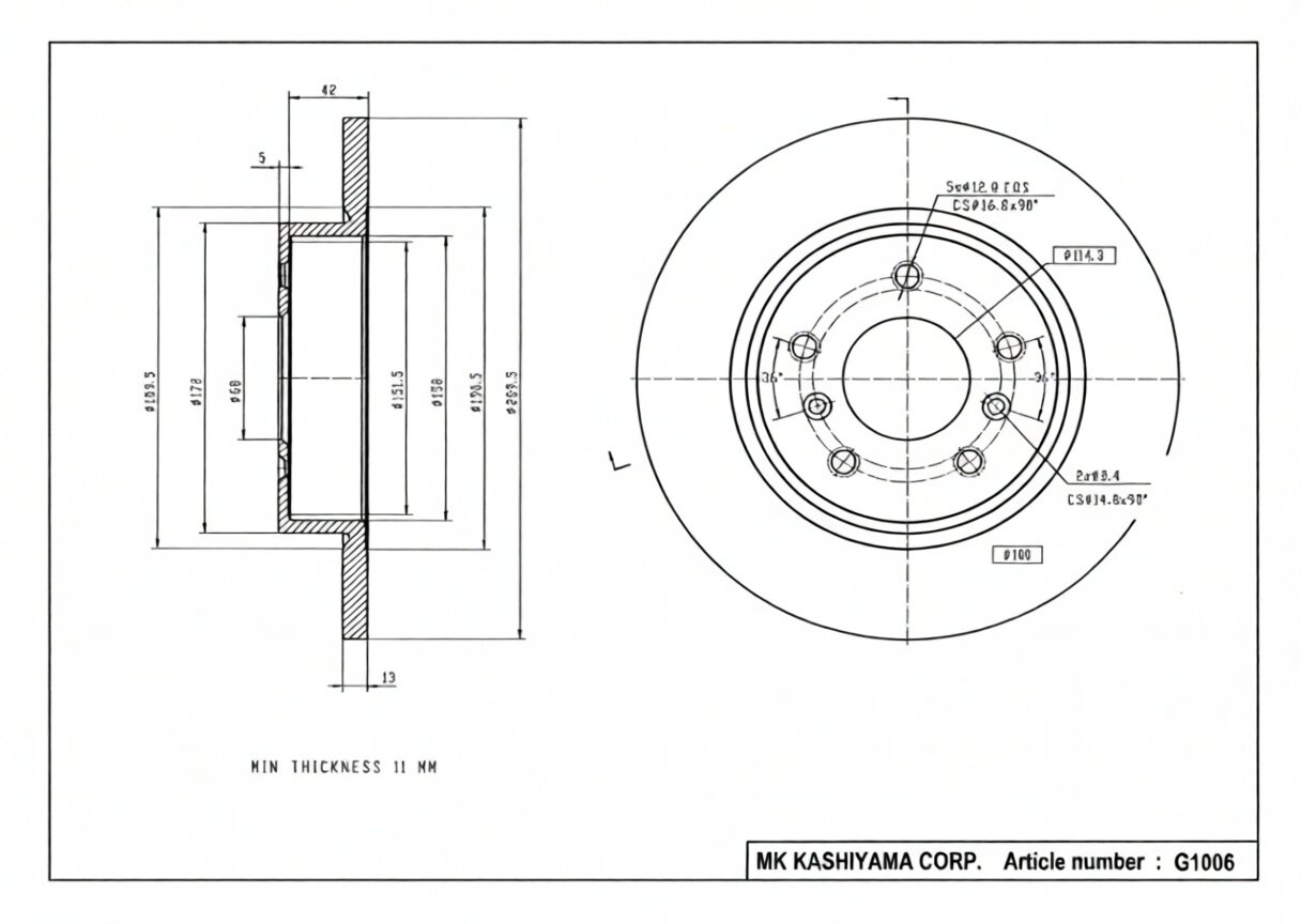 Диск тормозной задний NISSAN QASHQAI 14- G1006 MK KASHIYAMA арт. G1006