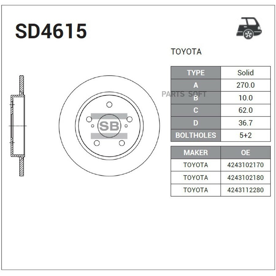 SANGSIN BRAKE SD4615 Диск тормозной задний TOYOTA COROLLA E15/E18 SD4615
