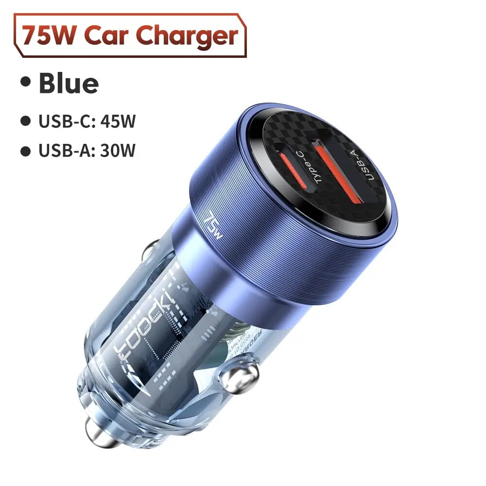 Автомобильное зарядное Toocki 75W, синий USB Type-C 45W, USB-A 30W