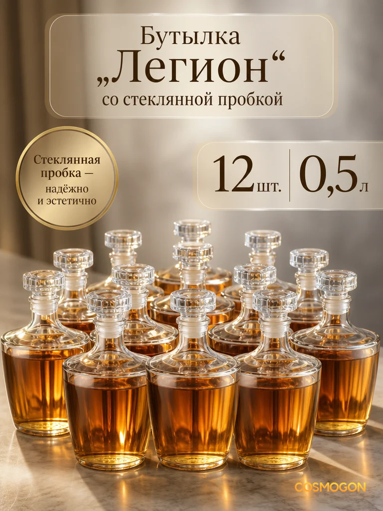 Бутылка стеклянная 0.5л со стеклянной пробкой для коньяка легион 12шт