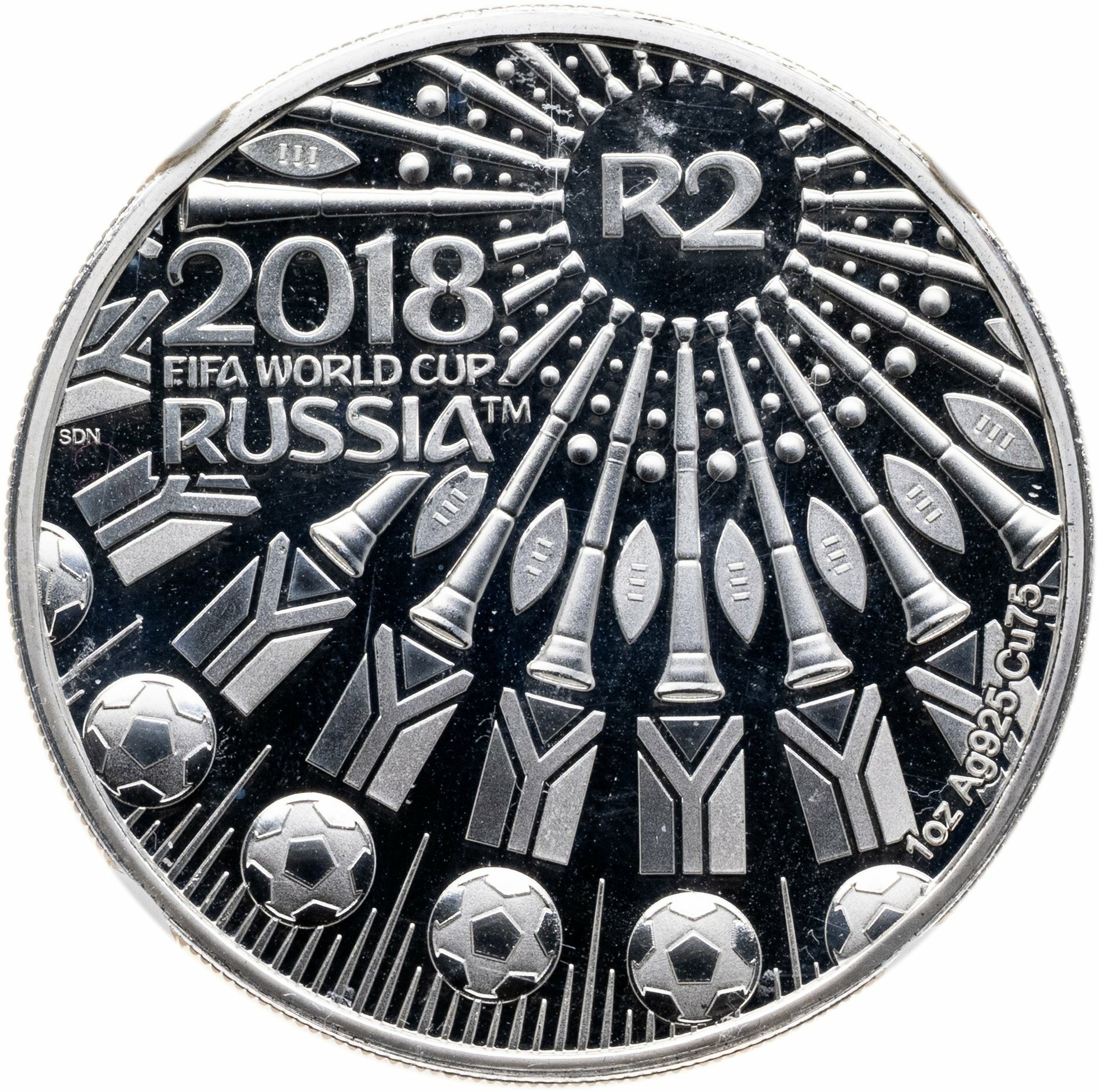 ЮАР 2 рэнда 2018 "Чемпионат мира по футболу 2018, Россия" в слабе с сертификатом, Серебро 925, в сохранности Proof