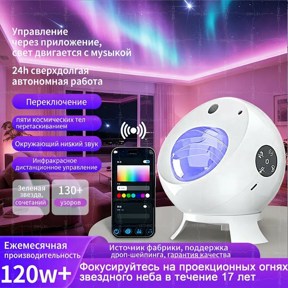 Динамический проектор северного сияния 7-в-1 Galaxy night light projector, динамик Bluetooth, 10 цветов, 8 успокаивающих звуков,