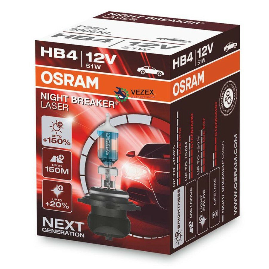 OSRAM 9006NL Лампа галогенная Night Braker Laser HB4 12V 51W P22D 3800K 9006NL