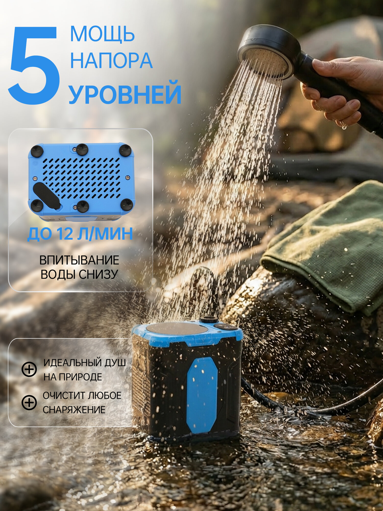 Синий портативный душ, 10000мАч, LED, 5 режимов, USB-C, 280мин, 12л/мин, не греет воду.