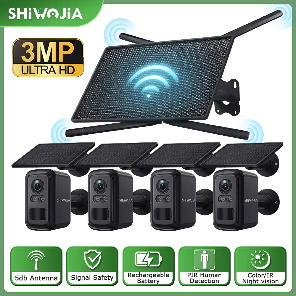 SHIWOJIA 6MP WiFi Система безопасности с солнечными камерами для дома Беспроводные наружные камеры Набор из 4 камер 10Вт 4G Солнечный роутер Двусторонняя связь Ночное видение