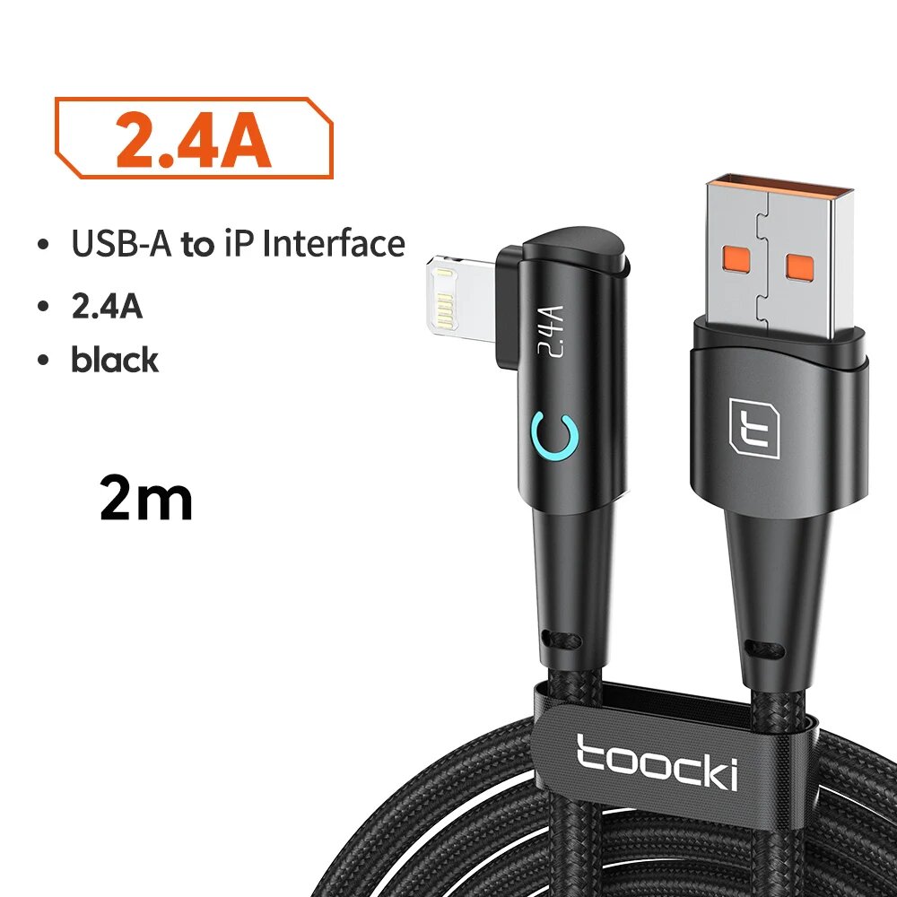 USB-кабель Toocki 2.4A Для iPhone 8/7 Plus/X/XR/14/13 Pro Max — Плетеный Кабель С LED-индикатором Для Быстрой Зарядки И Синхр.