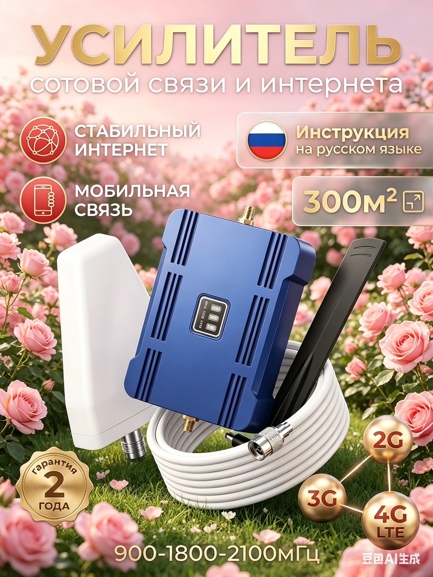 Усилитель сотовой связи 900/1800/2100 МГц (2G/3G/4G): до 70 км, направленный, синий, 1.3 кг