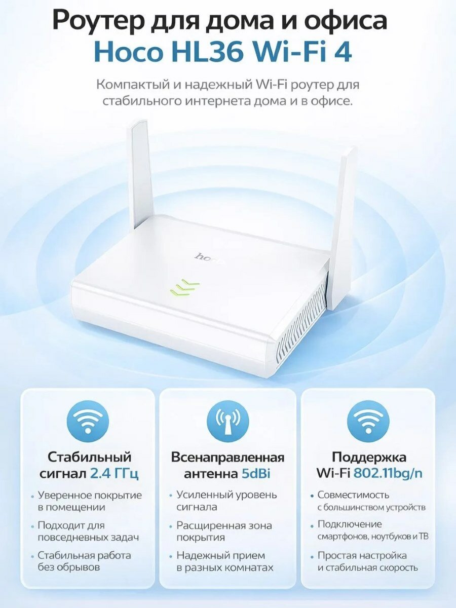 Роутер Wi-Fi, маршрутизатор HOCO HI36 WiFi4, 300Mbps, Mini (Белый)