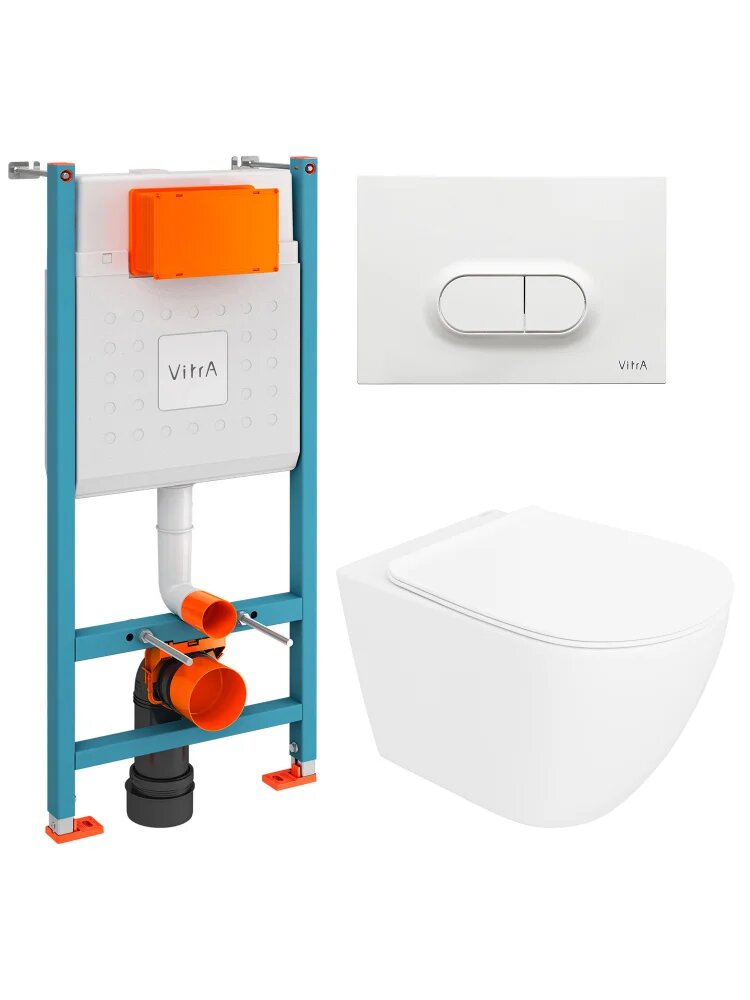Комплект 4 в 1: Инсталляция VitrA Ви-Фикс Кор (V-Fix Core) 732-5800-01 / Унитаз подвесной STWORKI Готланд S13401WH безободковый, с микролифтом / Кнопка Луп О (Loop O) 740-0500, белый глянец, Комплект креплений