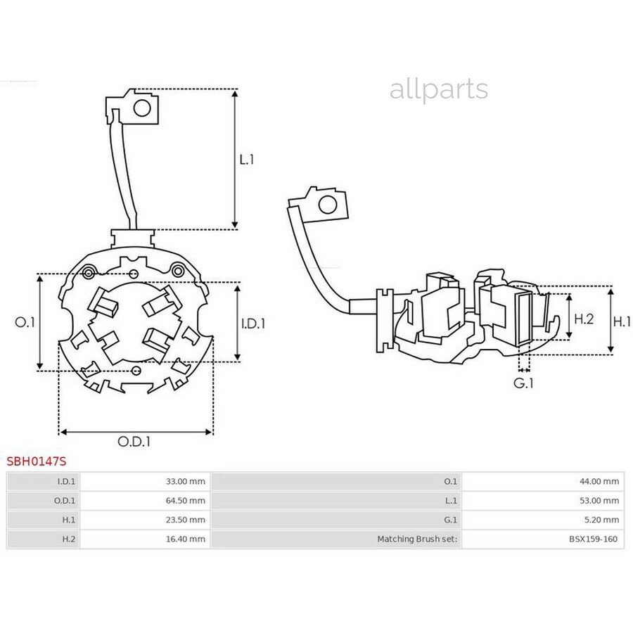 AS SBH0147S Щеткодержатель ID 33 OD 64.5 23.5X16.4X5.2 BOSCH: 0001108157, 0001108190, 0001108196