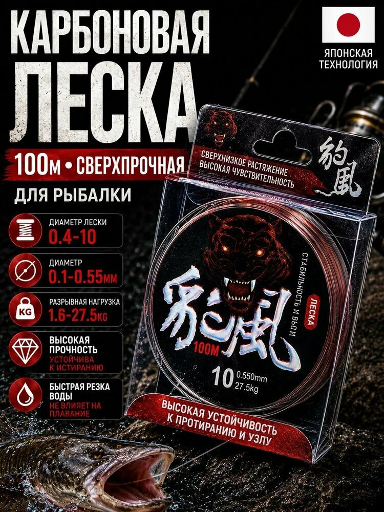 Флюорокарбоновая леска для рыбалки, размотка: 100 м, толщина: 0.37 мм