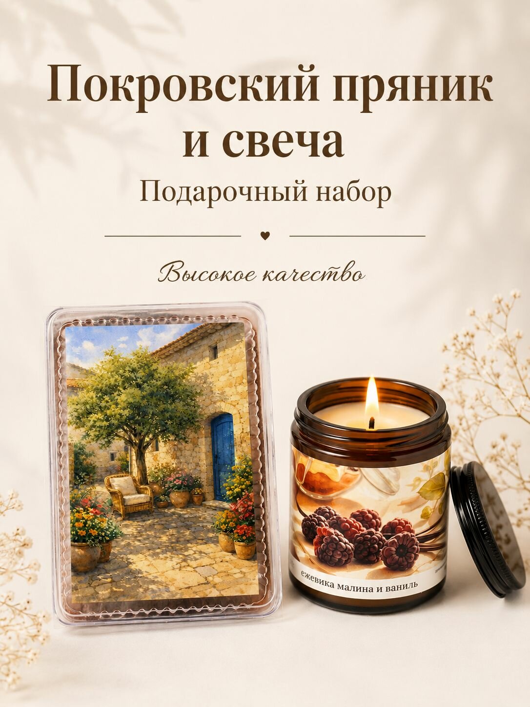 Подарочный набор: покровский пряник 140 гр и ароматическая свеча 190 гр