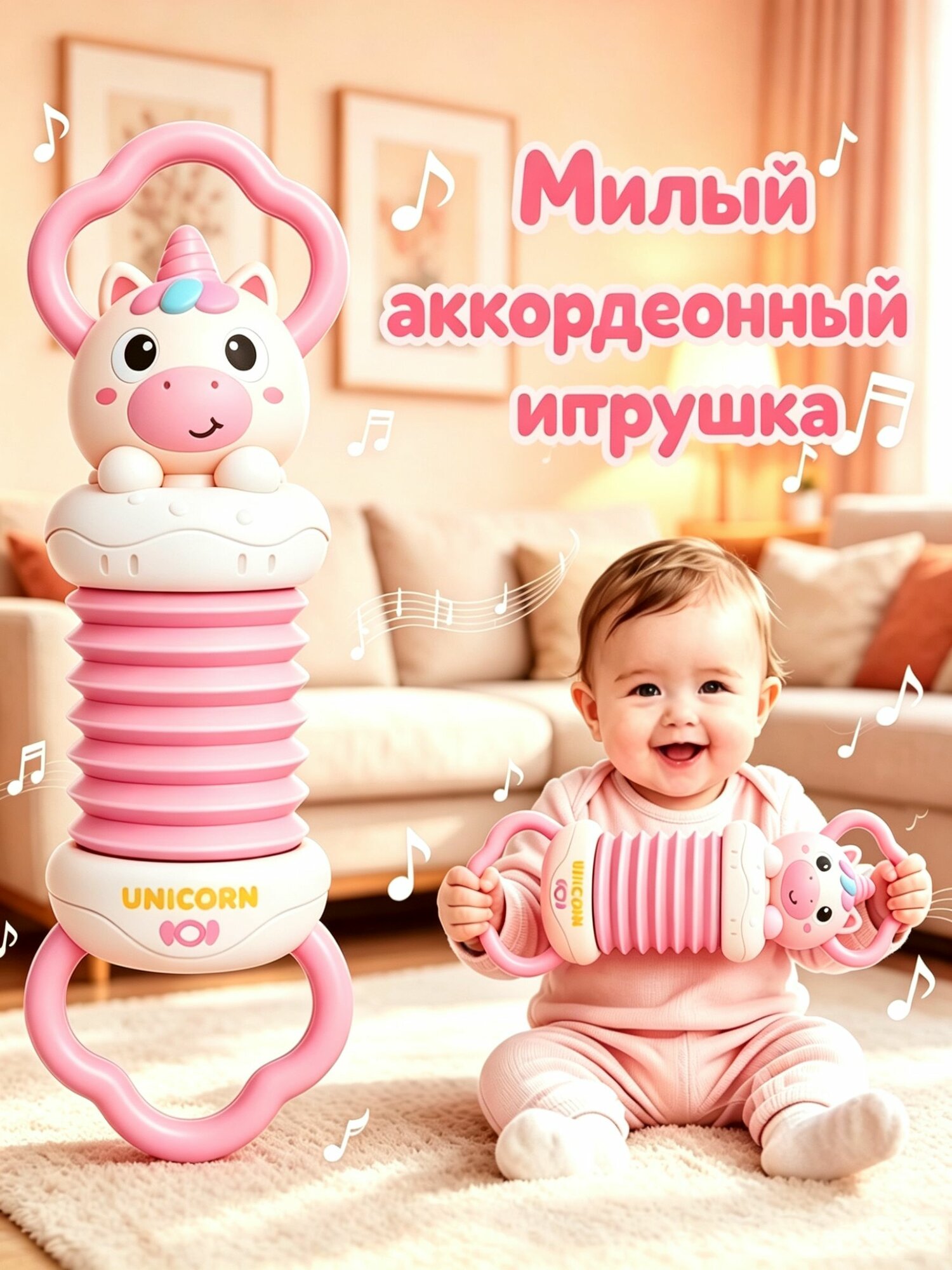 Игрушка в виде ручной гармошки в мультяшном стиле, в нежно-розовой расцветке, изготовлена из АБС-пластика; идеальный подарок на день рождения или праздник, детская игрушка