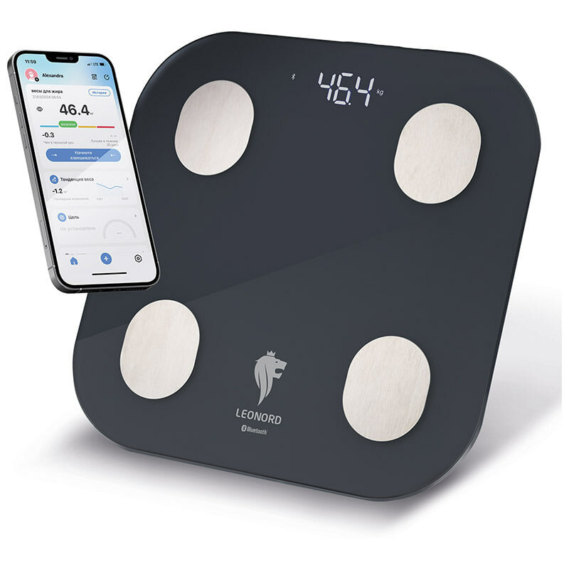 Весы напольные электронные LEONORD LE-1216 с Bluetooth, анализ тела, до 180 кг, LED, черные