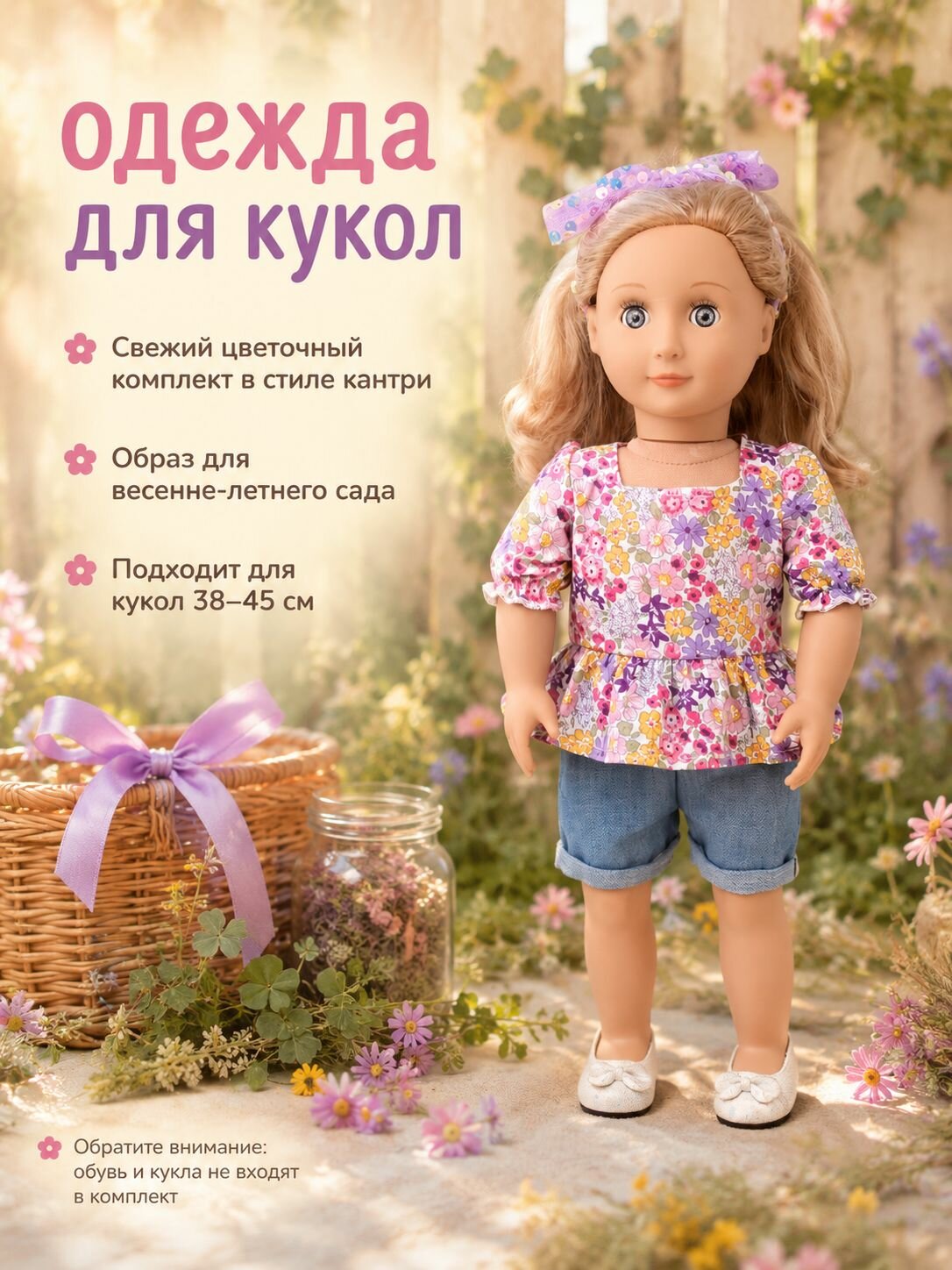 Летний комплект одежды для кукол высотой 38-45 см: топ с цветочным принтом и шорты, подходит для кукол American Girl и подобных им.