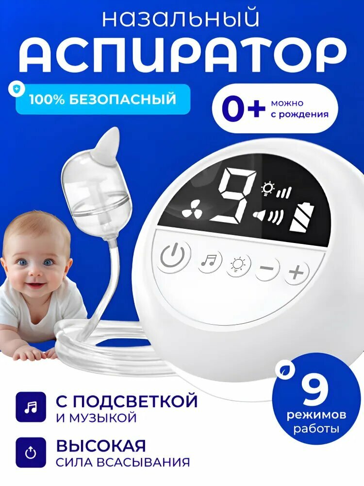 Аспиратор назальный электрический детский соплеотсос с музыкой и подсветкой для новорожденных