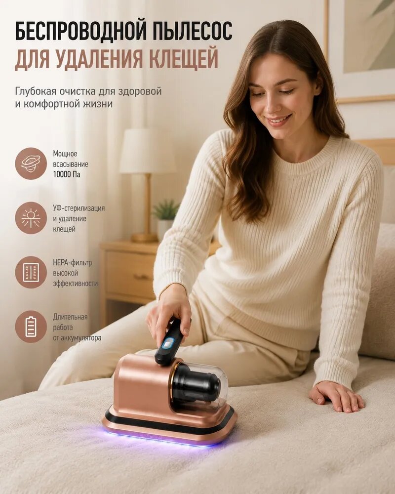 Мини-пылесос для мебели от пылевых клещей, беспроводной ручной, для чистки диванов, кроватей, ковров