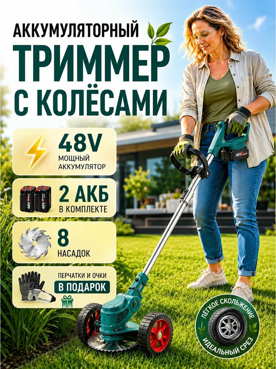 Мощный триммер с колесами аккумуляторный садовый для травы 8000 об. мин/Мини газонокосилка аккумуляторная