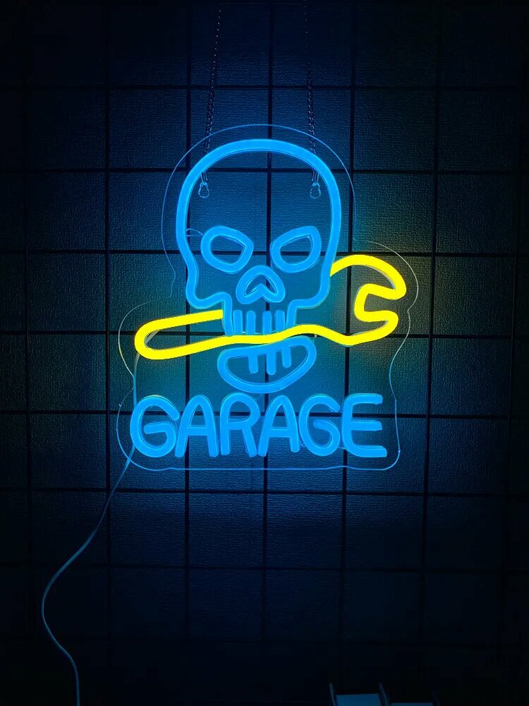 Декоративная неоновая вывеска для гаража: Skull Car Service LED, питание от USB, подходит для авторемонтных мастерских, подарок на День отца (синий череп)