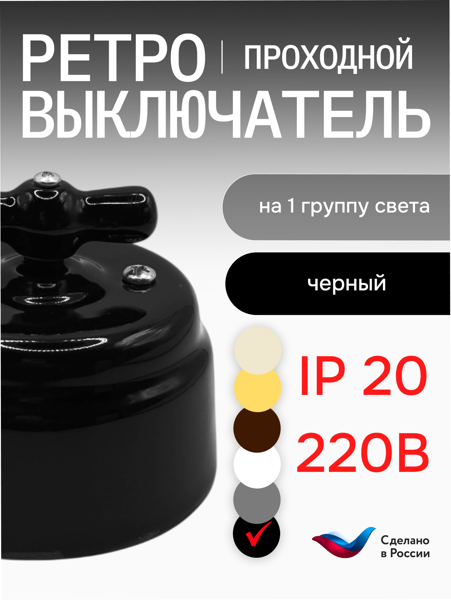 Interior Electric Арбат Ретро Выключатель поворотный проходной, накладной, керамика, цвет черный