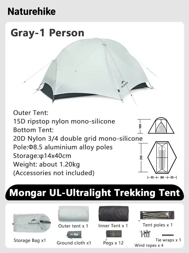 Палатка Naturehike Mongar UL для 1 человека Ультralight Палатка для кемпинга Наружный палатка для путешествий Двухслойная водонепроницаемая палатка Трехсезонная палатка для походов