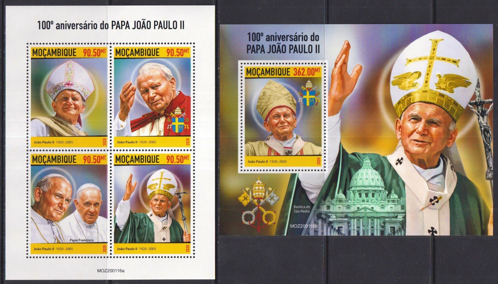 Марки 2020 год Мозамбик Папа Иоанн Павел II Папа Франциск #10825-10828+Bl1600 Mnh
