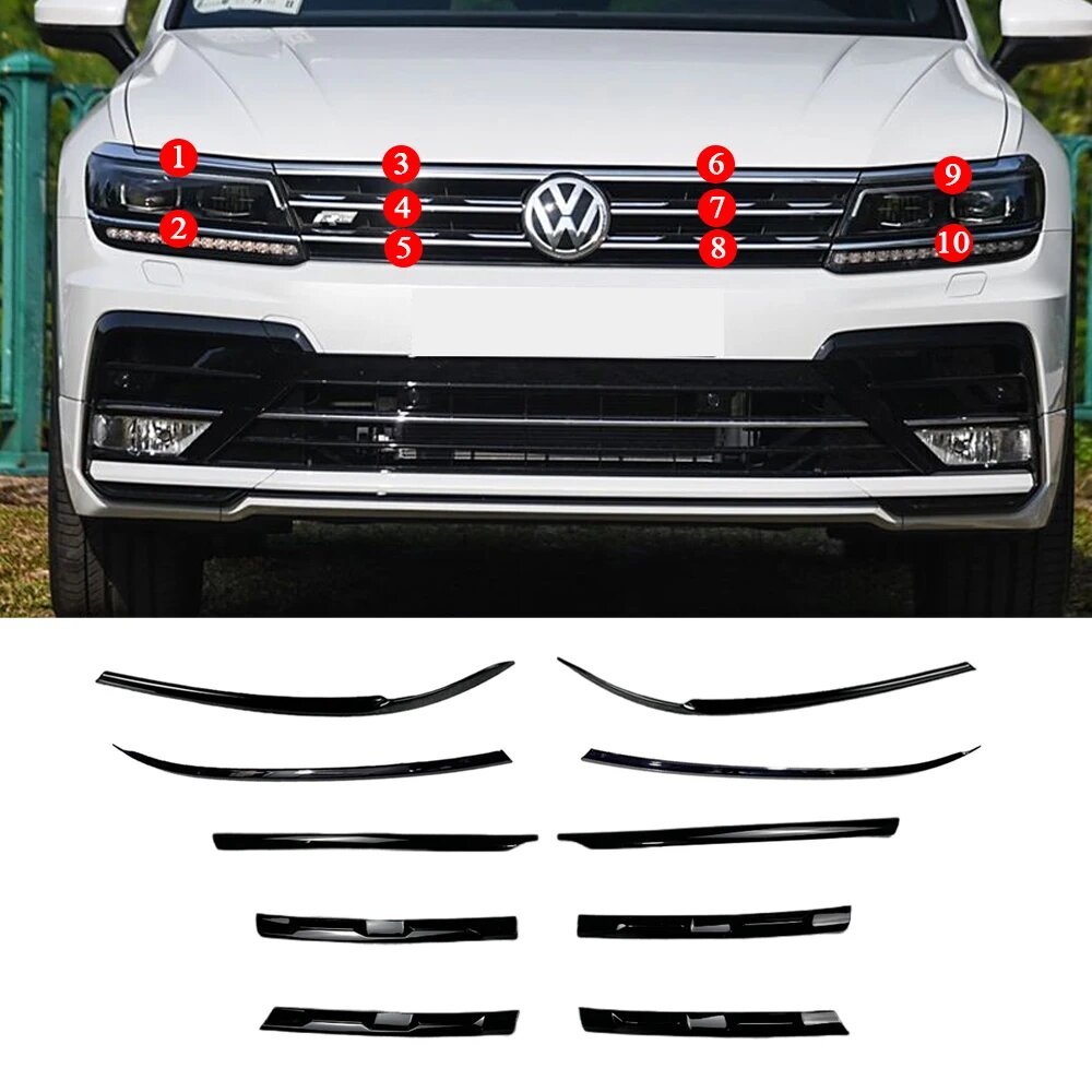 Для VW Tiguan MK2 R-Line 2017-2021 передний бампер фары брови центральная решетка противотуманные фары черные молдинговые полоски наклейки отделка