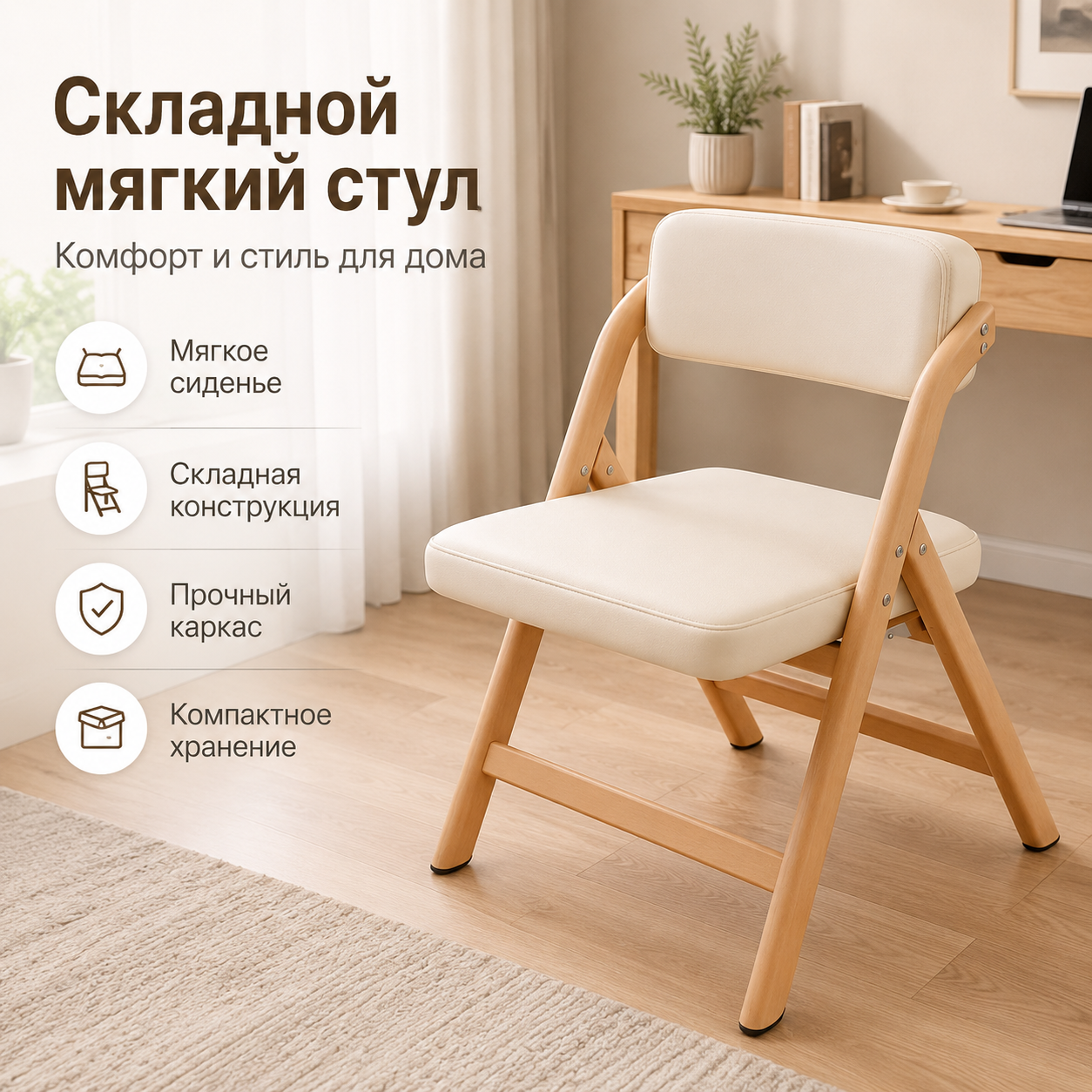 Складной деревянный стул с мягкой обивкой из искусственной кожи оттенок Белый рис, рабочий стул для учебы и гостиной