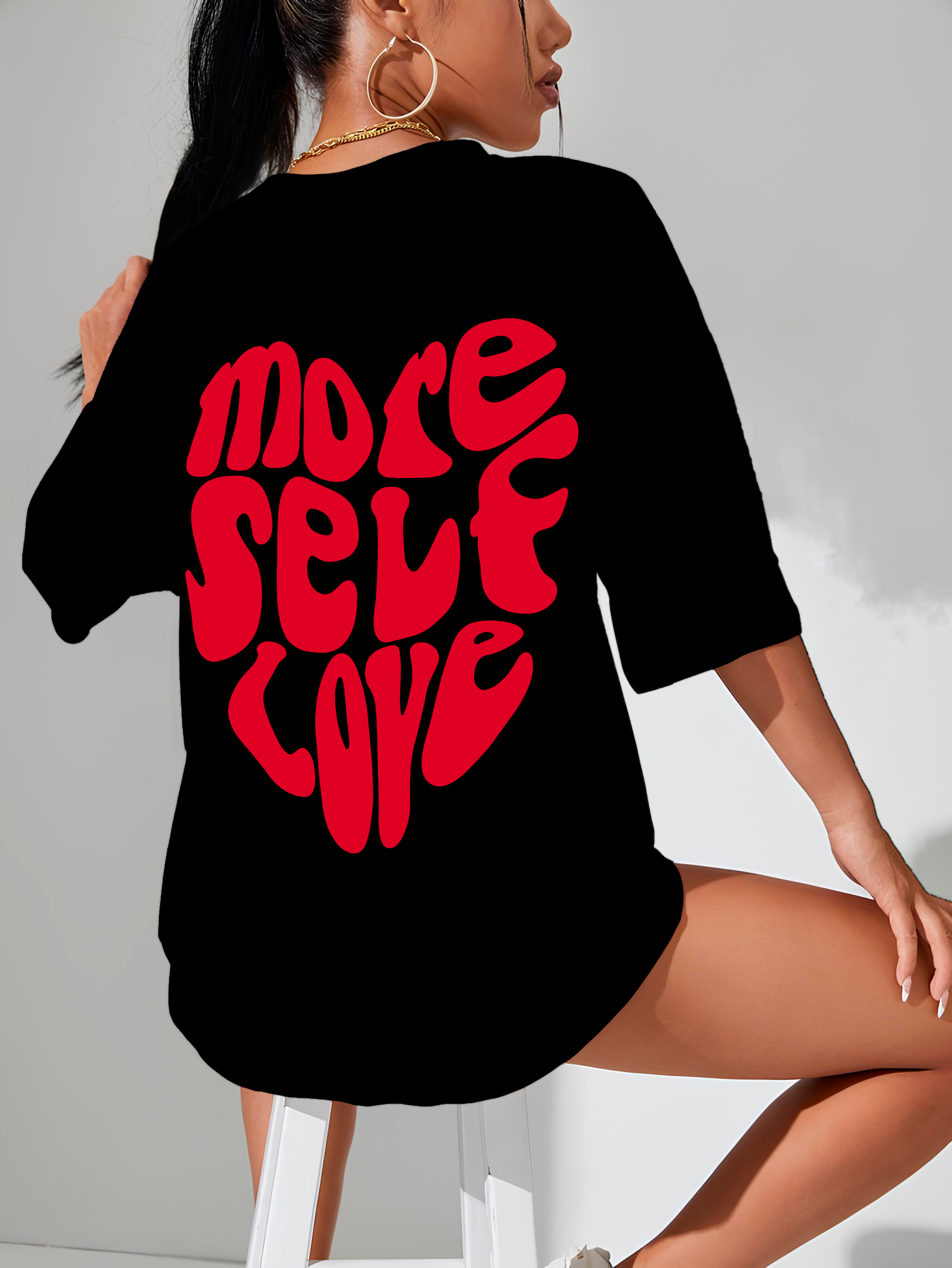Футболка женская с принтом, оверсайз, черная, надпись More self love, хлопок, от бренда FufaikiRU