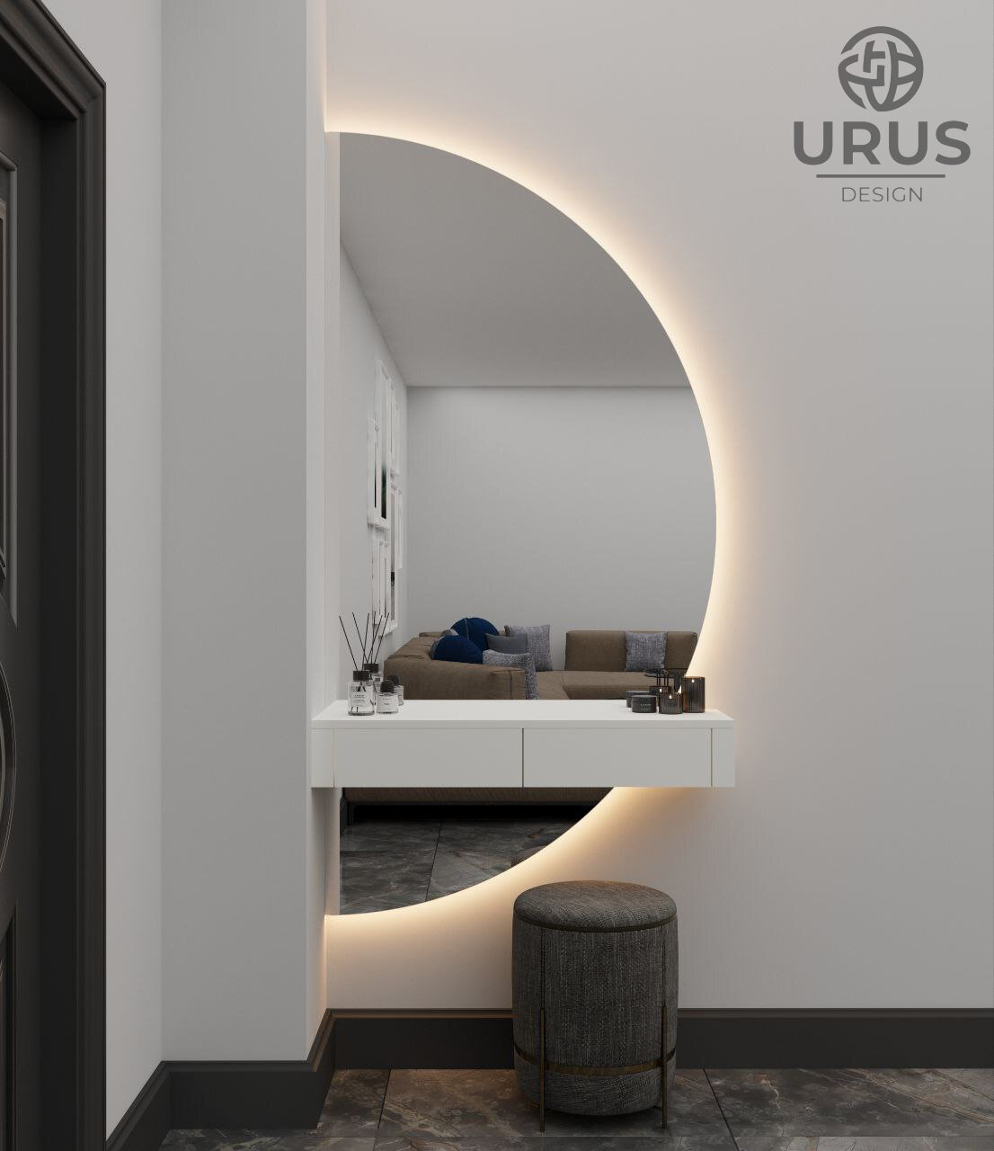 Дизайнерское зеркало Barro с тумбой и сенсорной LED-подсветкой, 85х170 см - URUS DESIGN