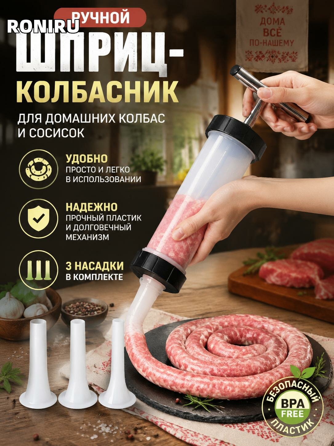 Ручной шприц-колбасник с 3 насадками для приготовления домашних колбасок и сосисок, пластиковый, удобный для дома