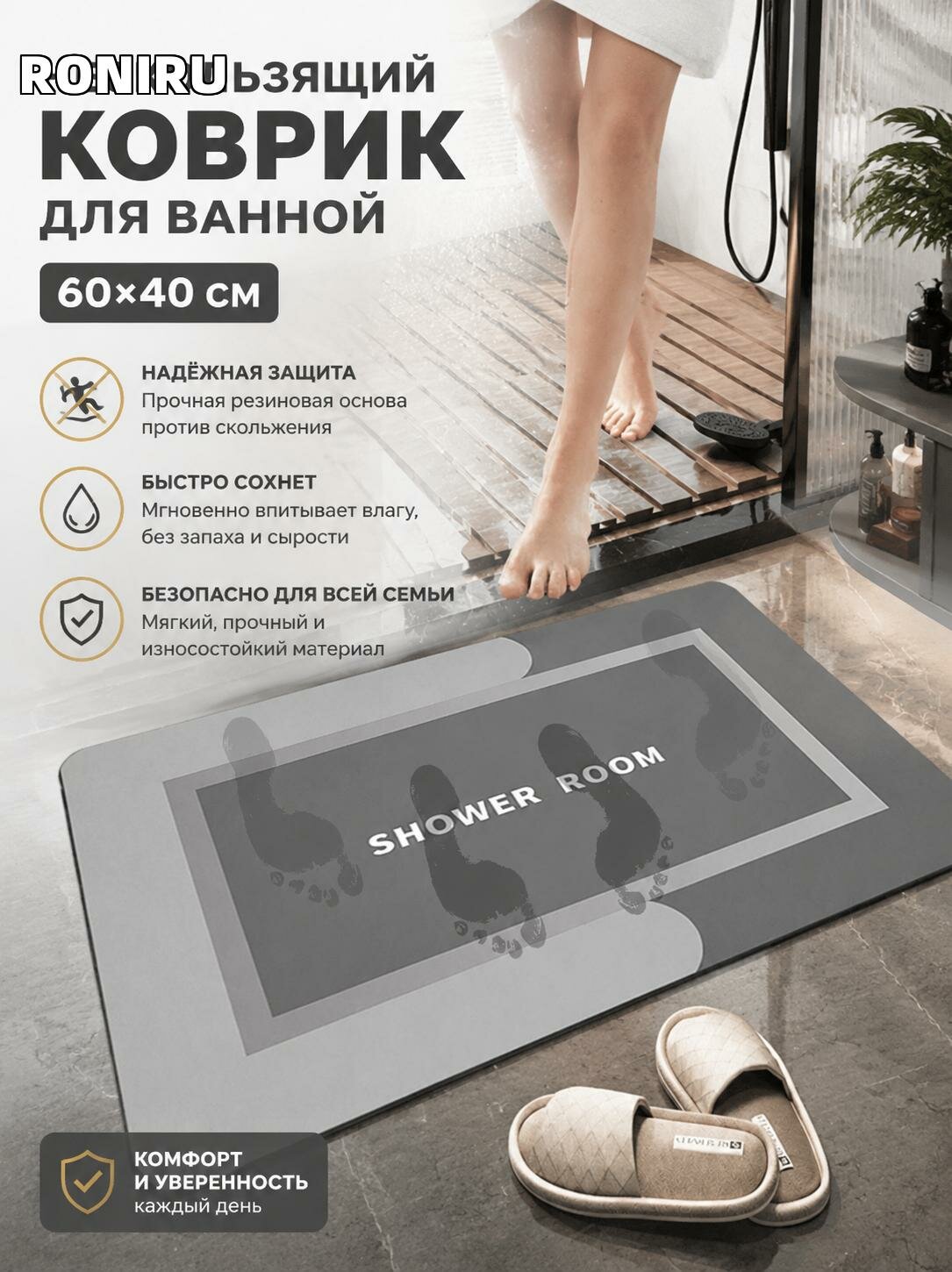 Нескользящий коврик для ванной 60х40 см с резиновой основой — быстросохнущий, безопасный и удобный для душа и ванны