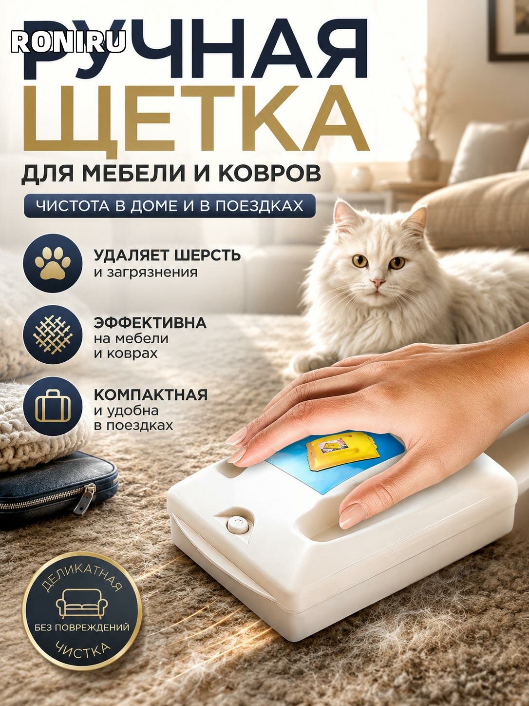 Ручная щетка для мебели и ковров — эффективная чистка пыли, грязи и шерсти животных в доме и поездках — компактная