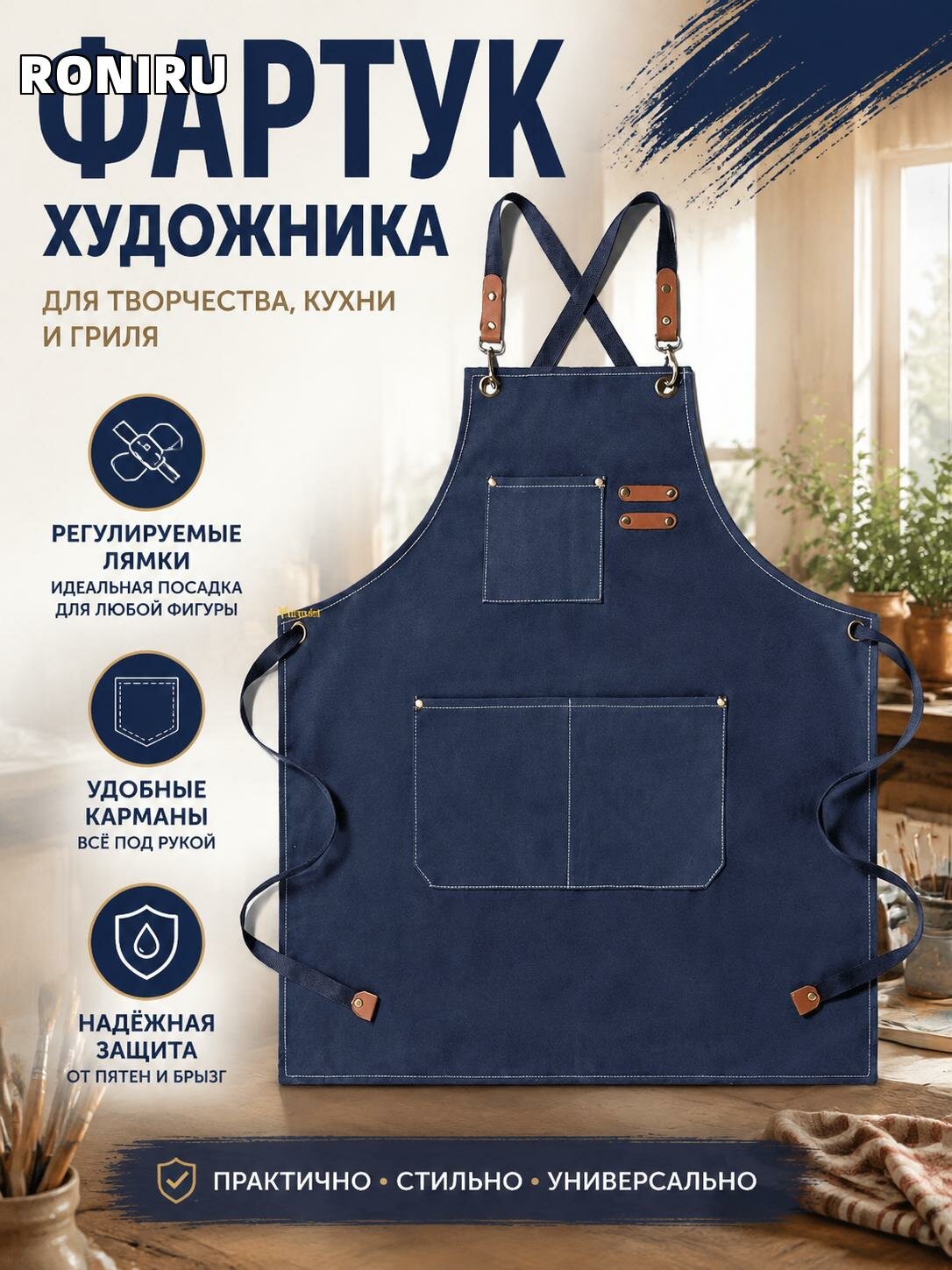 Фартук художника с регулируемыми лямками и карманами, универсальный защитный фартук для кухни, гриля и творчества