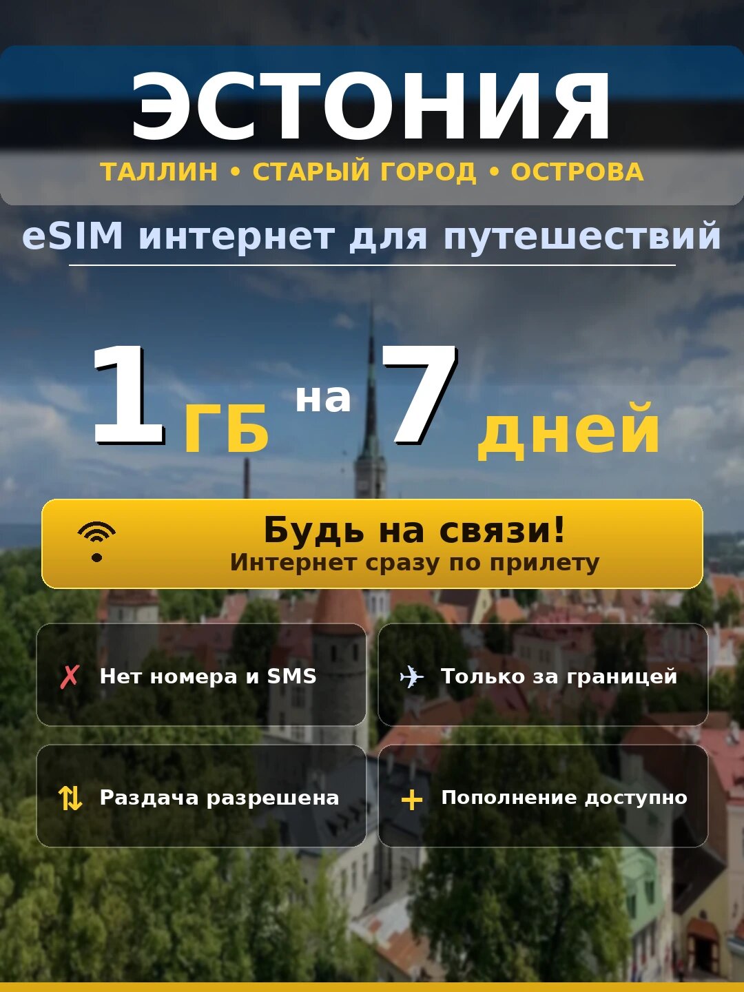 ESIM Эстония — мобильный интернет 1 ГБ на 7 дней | виртуальная SIM-карта для путешествий