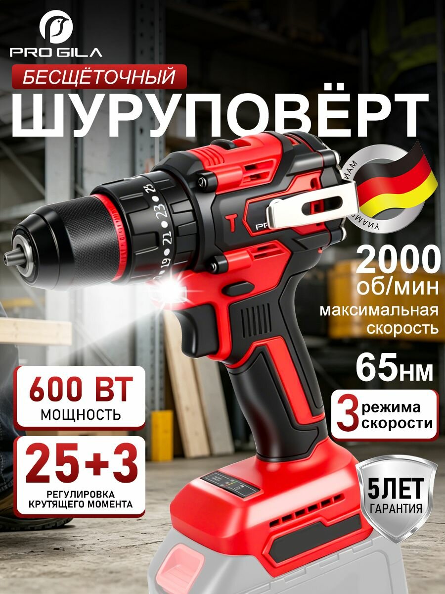 Бесщеточный дрель-шуруповерт аккумуляторный без аккумулятора, 65 Нм