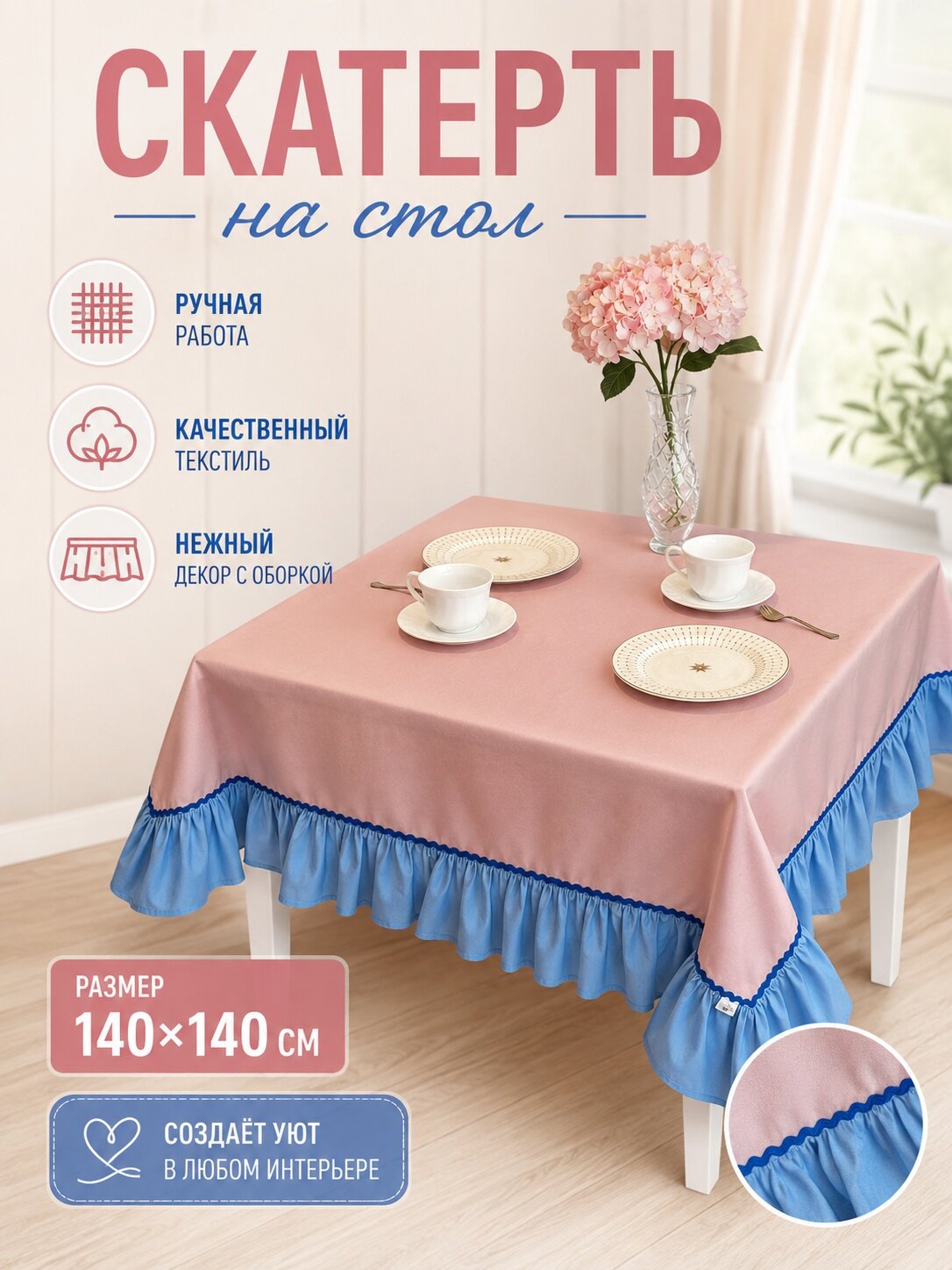 Скатерть на стол, квадратная, розовая с голубой рюшей и васильковым вьюном, 140*140 см, 1 шт.