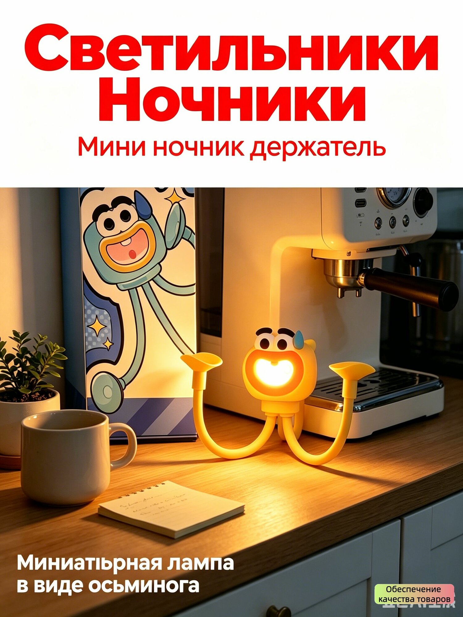 Ночник-осминог, LED, настольный, с держателем для смартфона, теплый свет, 1 шт