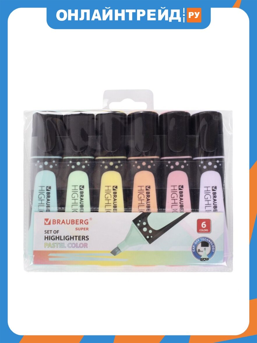 Набор текстовыделителей Brauberg 6 шт, Ассорти, "SUPER PASTEL", прорезиненный корпус, линия 1-5 мм