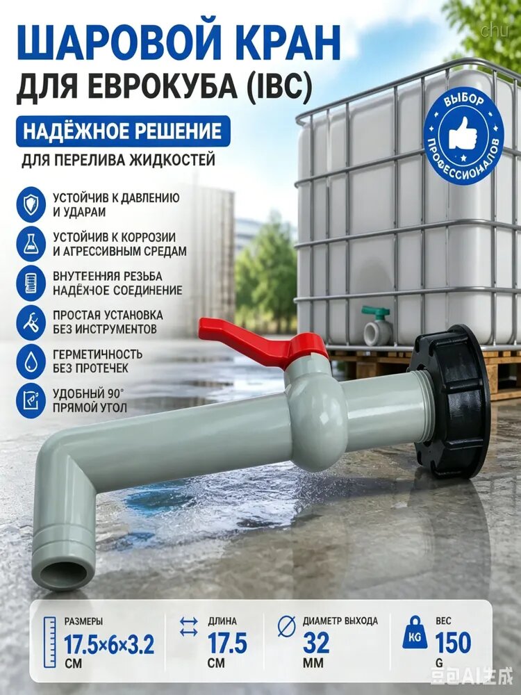 Переходник для слива из еврокуба 1000 л с шаровым краном, резьба S60x6, выход 1 дюйм, угловой 90