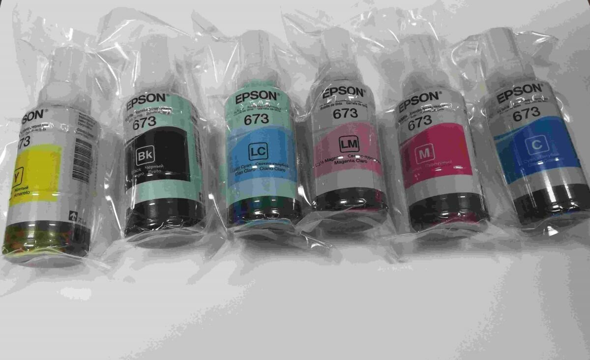 Оригинальные чернила EPSON 673 T6731, T6732, T6733, T6734, T6735, T6736 для принтеров Epson L800, Epson L805, Epson L810, Epson L850, Epson L1800 в тех. упаковке
