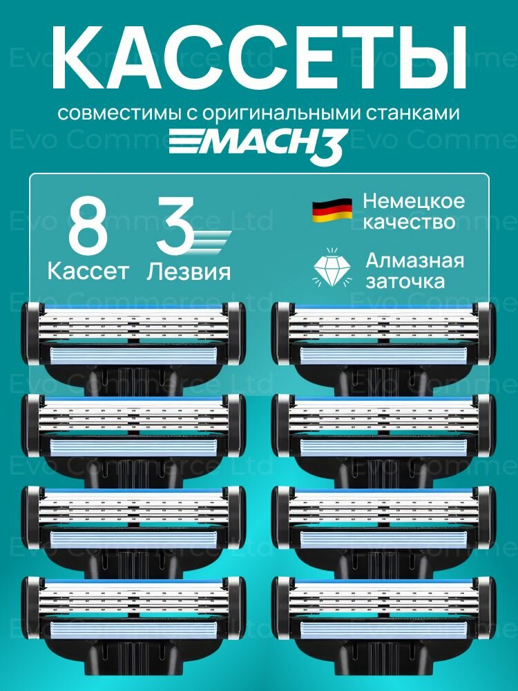 Лезвия Кассеты для бритья мужские 8 шт / Сменные кассеты с 3 лезвиями для бритья